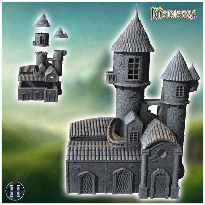 3D Printable Medieval building with multiple carved doors, double ...