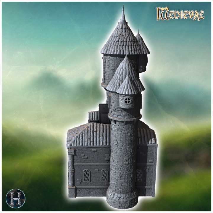 3D Printable Medieval building with multiple carved doors, double ...