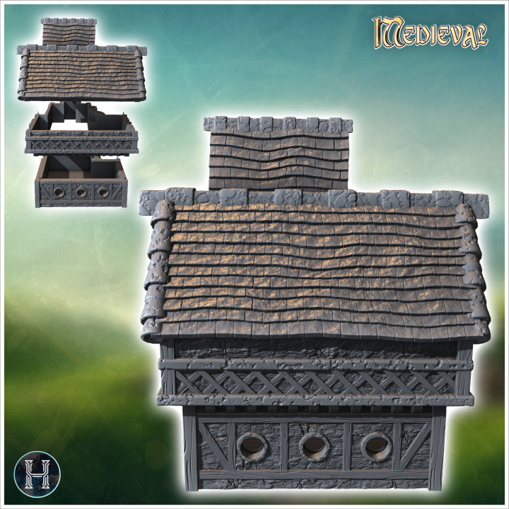 3D Printable Tiled-roof medieval building with fireplace, access ...