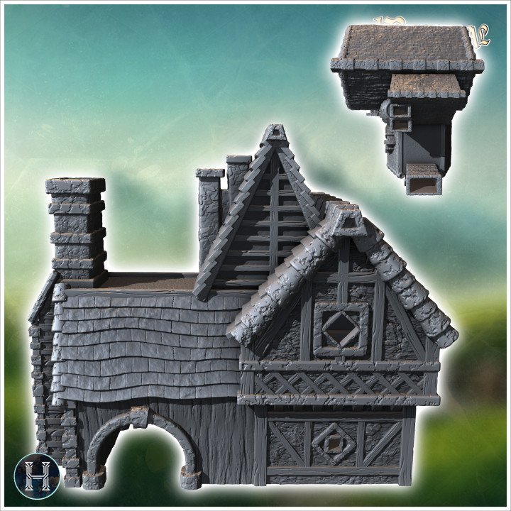 3D Printable Tiled-roof medieval building with fireplace, access ...