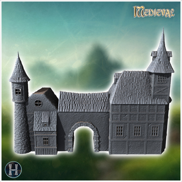 3D Printable Large medieval manor house with double towers, large ...