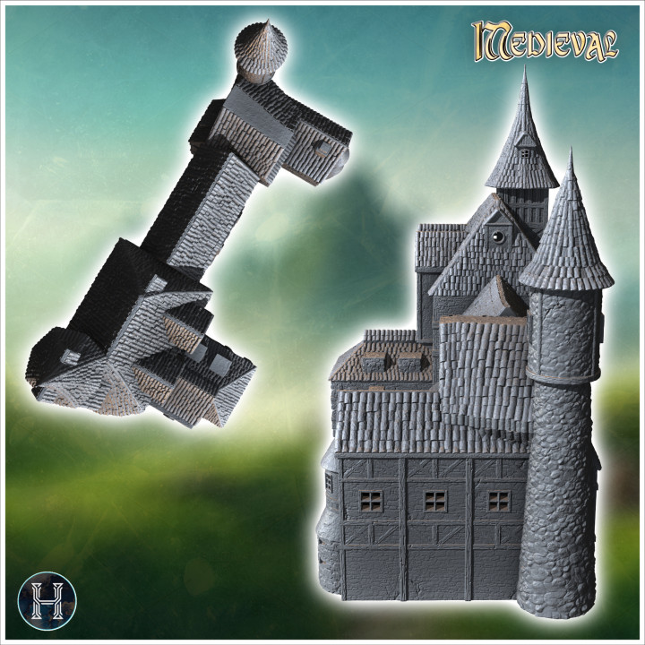 3D Printable Large medieval manor house with double towers, large ...