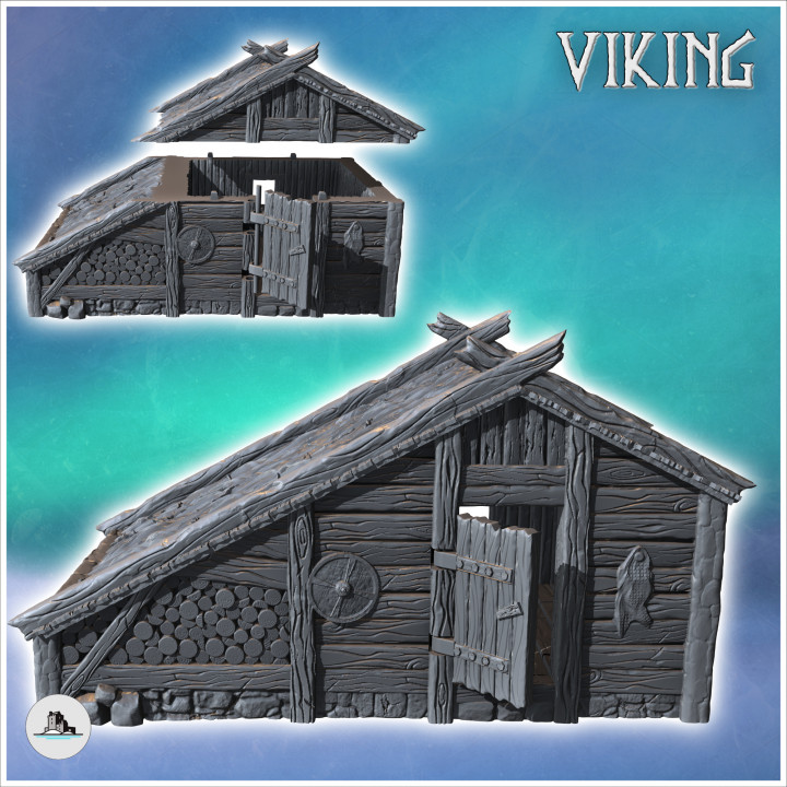 3D Printable Viking wooden building with thatched roof, stone annex and ...