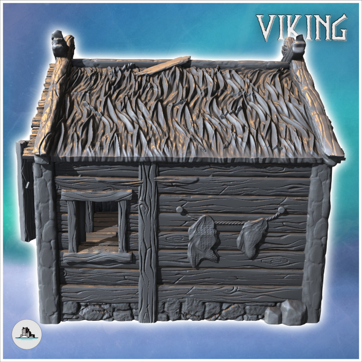 3D Printable Viking wooden building with thatched roof, stone annex and ...