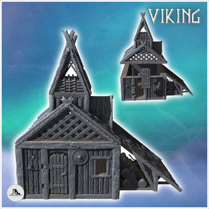3D Printable Large Viking building with thatched roof, high platform ...