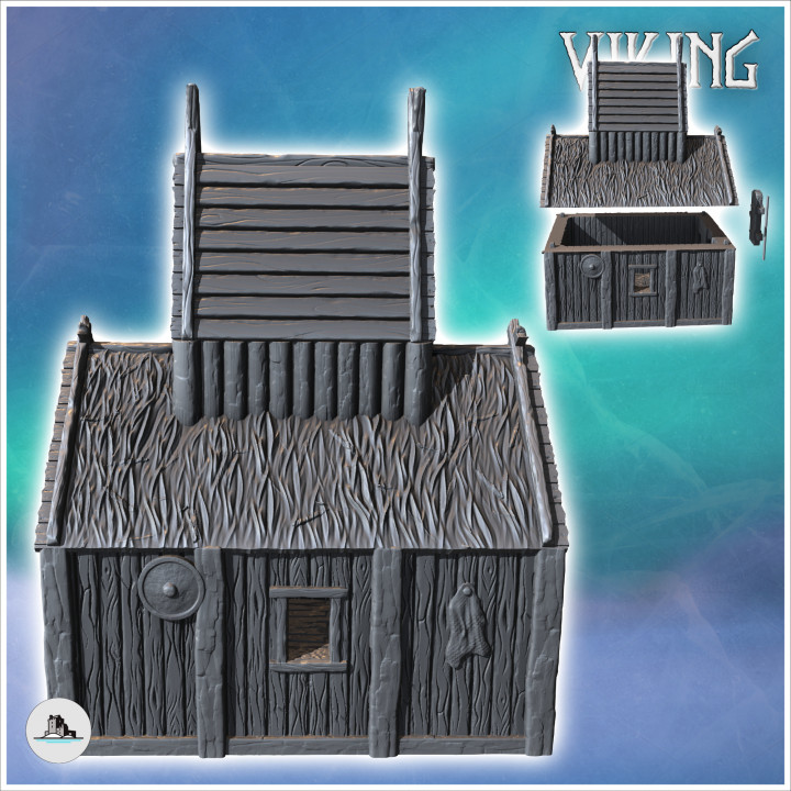 3D Printable Large Viking building with thatched roof, high platform ...