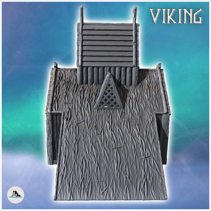 3D Printable Large Viking building with thatched roof, high platform ...