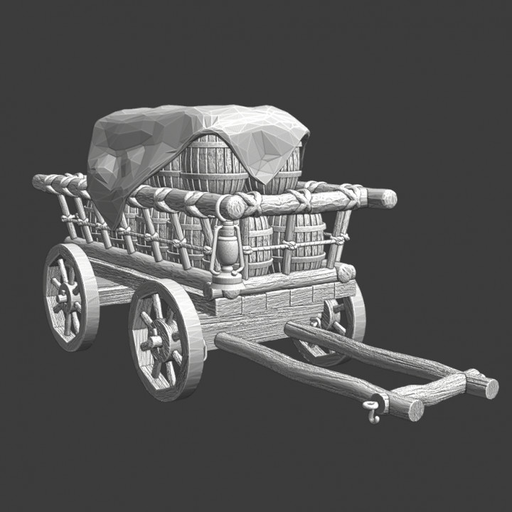 3D Printable Medieval Supply Wagon with barrels and cover by Northern ...