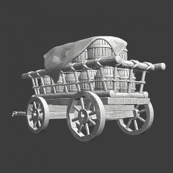 3D Printable Medieval Supply Wagon with barrels and cover by Northern ...