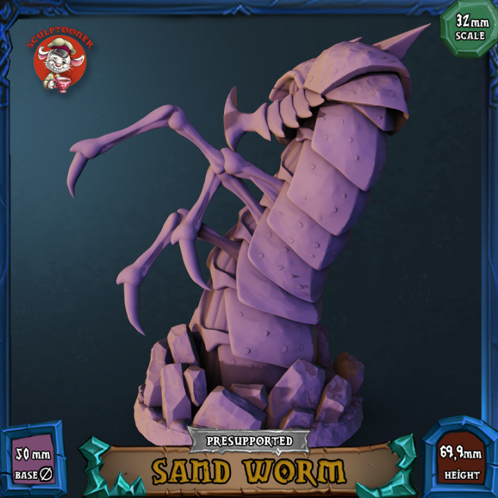 3D Printable Sand Worm - 32mm scale pre-supported miniature by SCULPTOONER