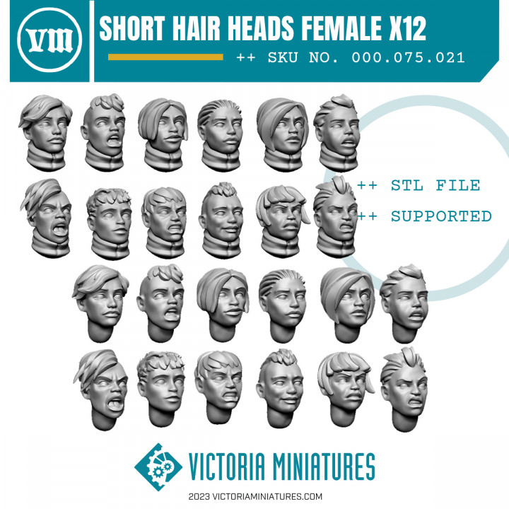 3D Printable Female Heads with Short Hair x12 by Victoria