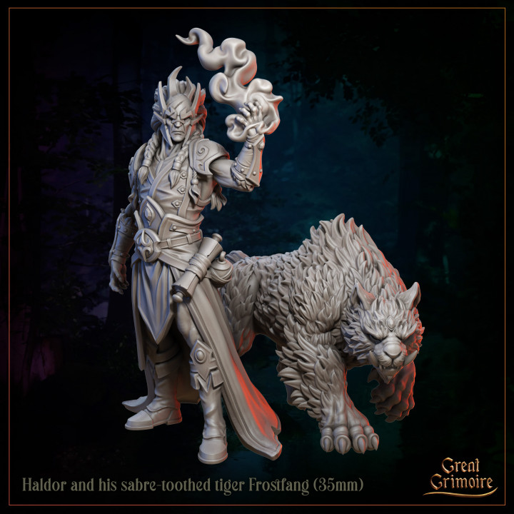 3D Printable Haldor and his sabre-toothed tiger Frostfang by Great Grimoire