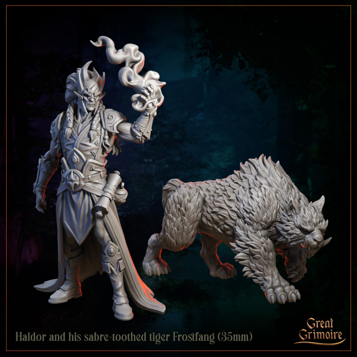 3D Printable Haldor and his sabre-toothed tiger Frostfang by Great Grimoire