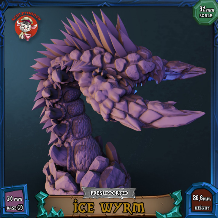 3D Printable Ice Wyrm - 32mm scale pre-supported miniature by SCULPTOONER