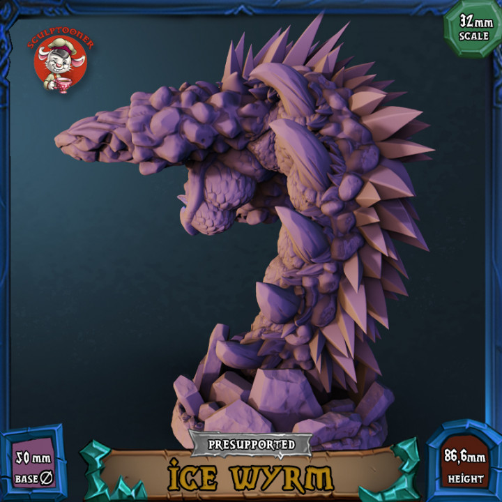 3D Printable Ice Wyrm - 32mm scale pre-supported miniature by SCULPTOONER