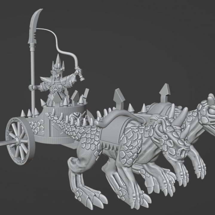 3D Printable Dark Elf Cold One Chariot by Ystlund Miniatures
