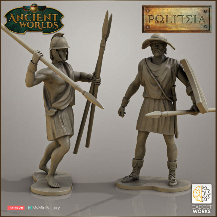 3D Printable 28mm multipart Greek Peltasts by Gadgetworks
