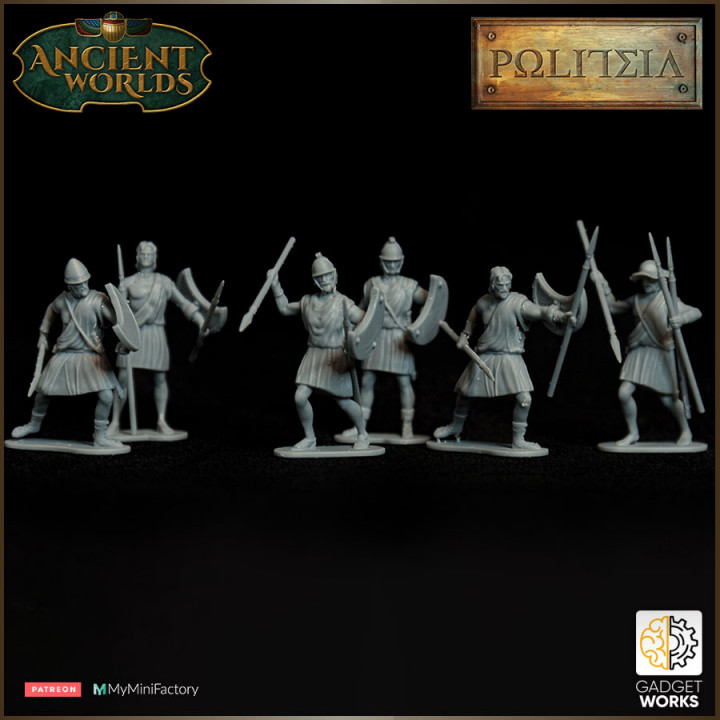 3D Printable 28mm multipart Greek Peltasts by Gadgetworks