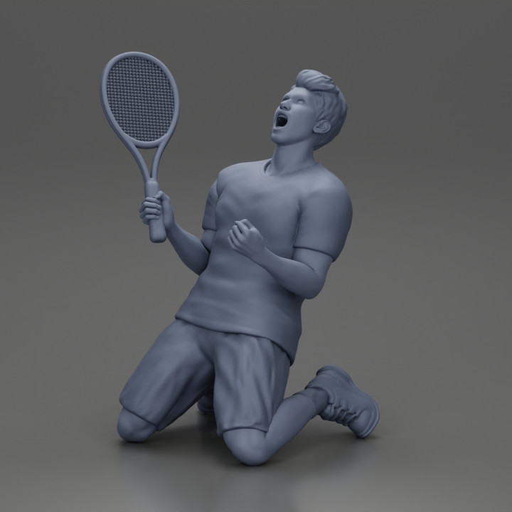 3D Printable tennis player holding racket sits in celebration of his ...