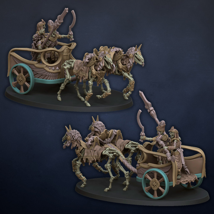 3D Printable Skeleton Chariots (Command Group) by Dragon's Lake Miniaturas