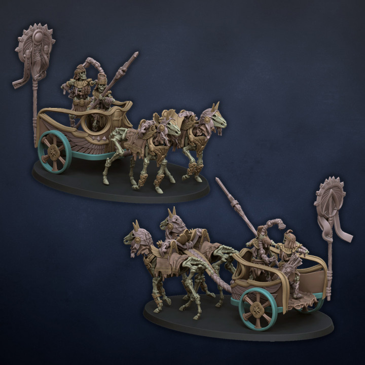 3D Printable Skeleton Chariots (Command Group) by Dragon's Lake Miniaturas