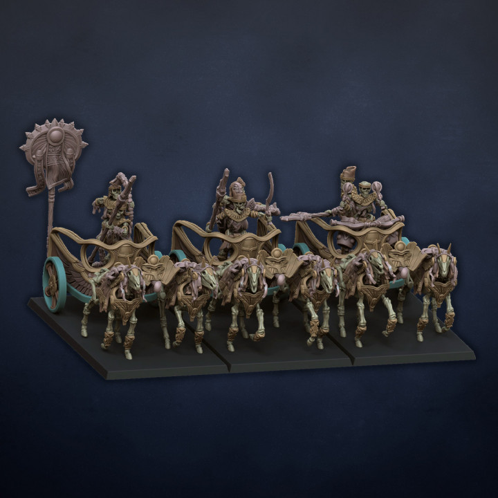 3D Printable Skeleton Chariots (Command Group) by Dragon's Lake Miniaturas