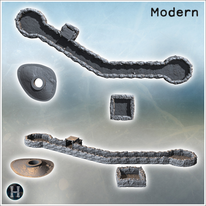 3D Printable Set of modern trenches with wooden casemate and machine ...