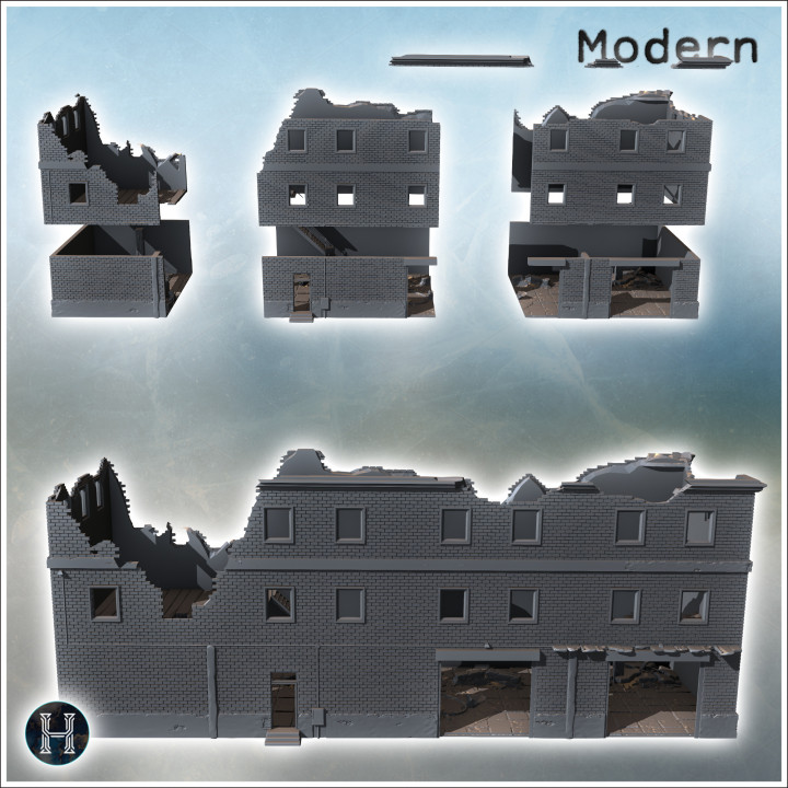 3D Printable Ruined brick building with floor, garage doors, and ...