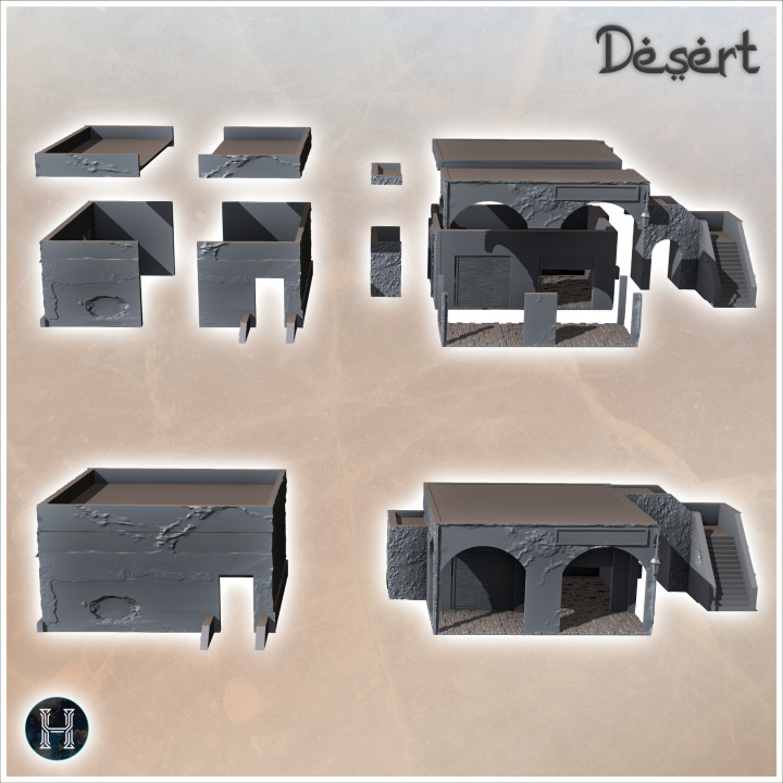 3D Printable Set of two flat-roofed Eastern buildings with lantern and ...