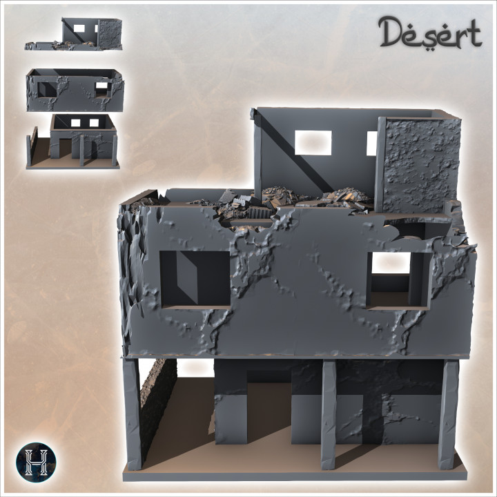 3D Printable Desert building with flat roof terrace and wall (12 ...