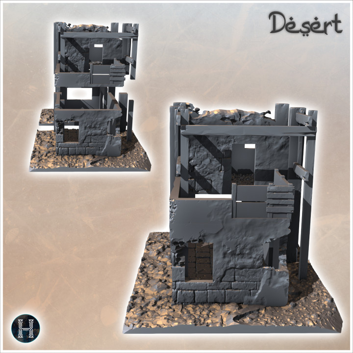 3D Printable Ruined desert building with wooden frame and upstairs ...