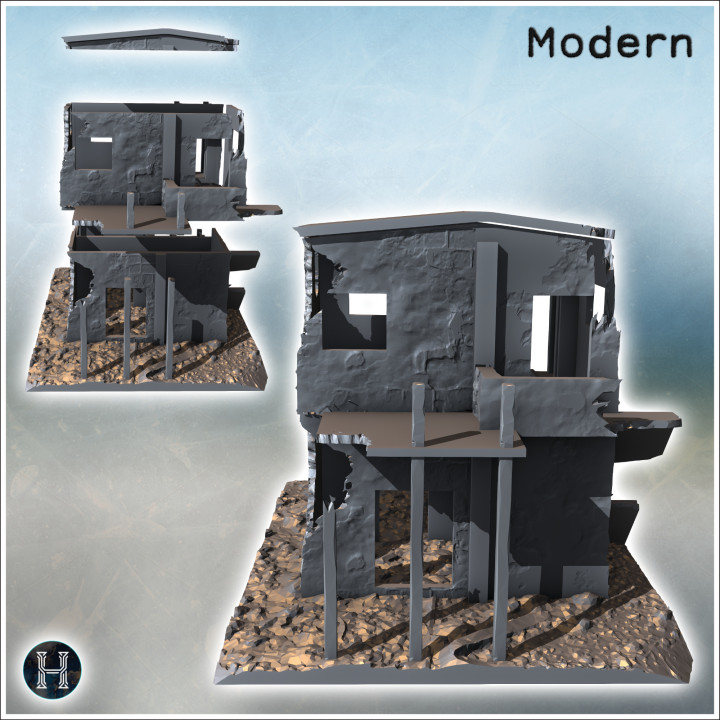 3D Printable Ruined modern building with external stairs and demolished ...