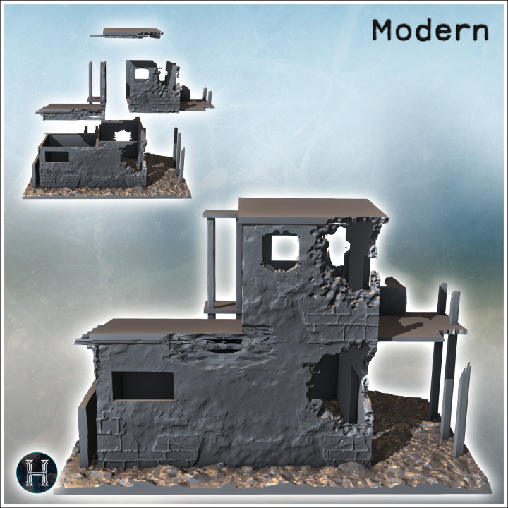 3D Printable Ruined modern building with external stairs and demolished ...