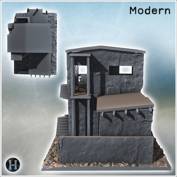 3D Printable Ruined modern building with external stairs and demolished ...