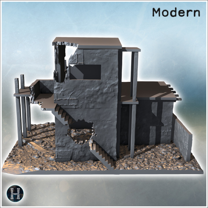3D Printable Ruined modern building with external stairs and demolished ...