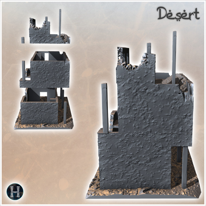 3D Printable Ruined flat-roofed desert building with wooden pillars (21 ...