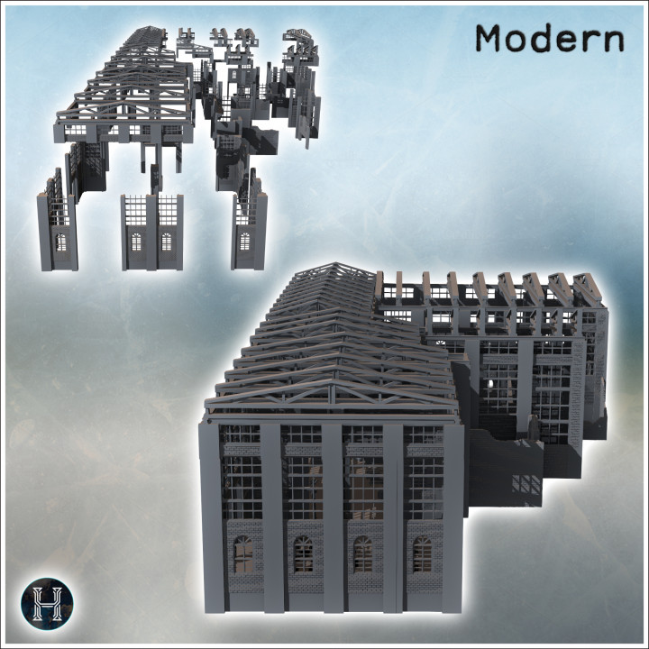 3D Printable Large damaged modern factory with tin roof, brick walls ...