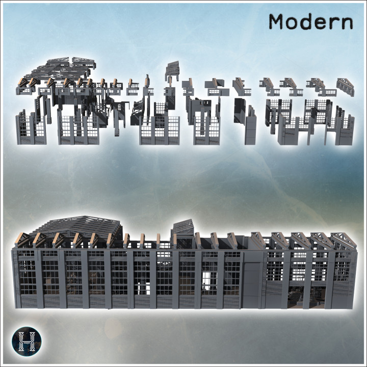 3D Printable Large damaged modern factory with tin roof, brick walls ...