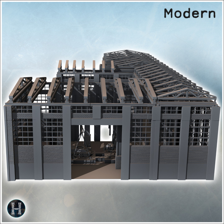 3D Printable Large damaged modern factory with tin roof, brick walls ...