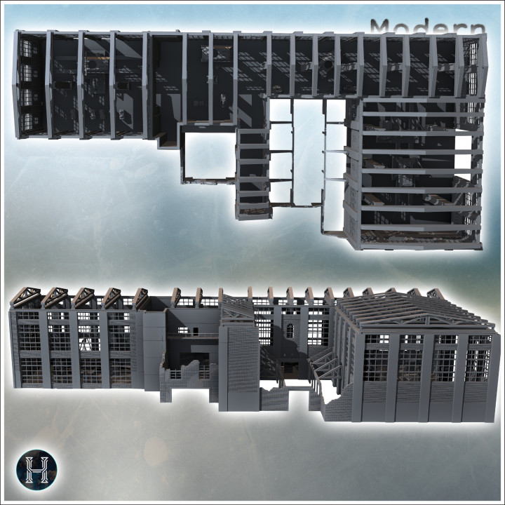 3D Printable Large damaged modern factory with tin roof, brick walls ...