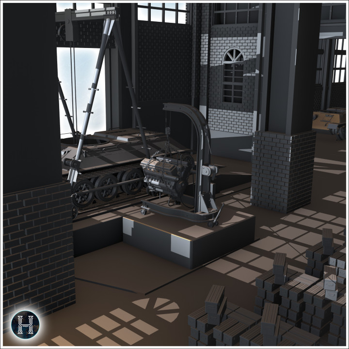 3D Printable Large damaged modern factory with tin roof, brick walls ...