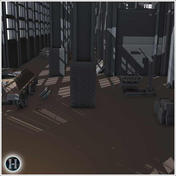 3D Printable Large damaged modern factory with tin roof, brick walls ...