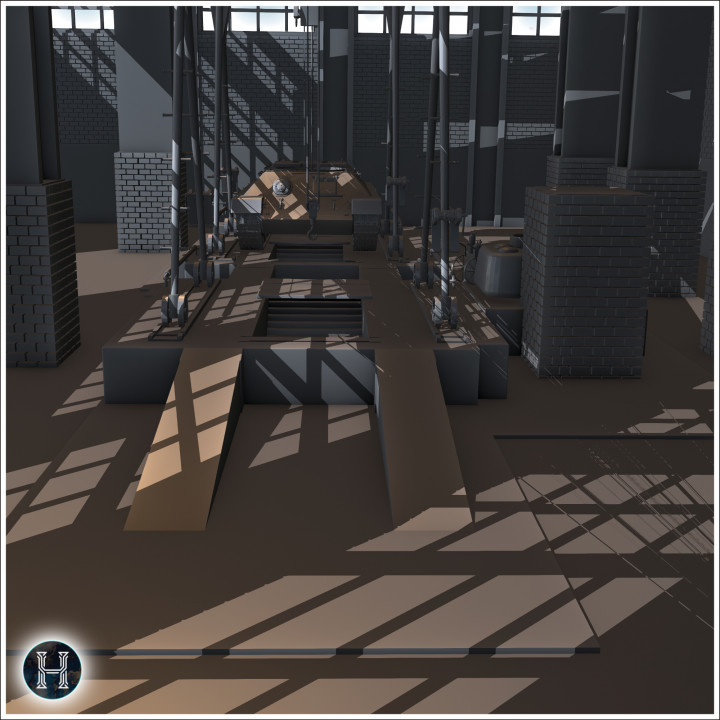 3D Printable Large damaged modern factory with tin roof, brick walls ...