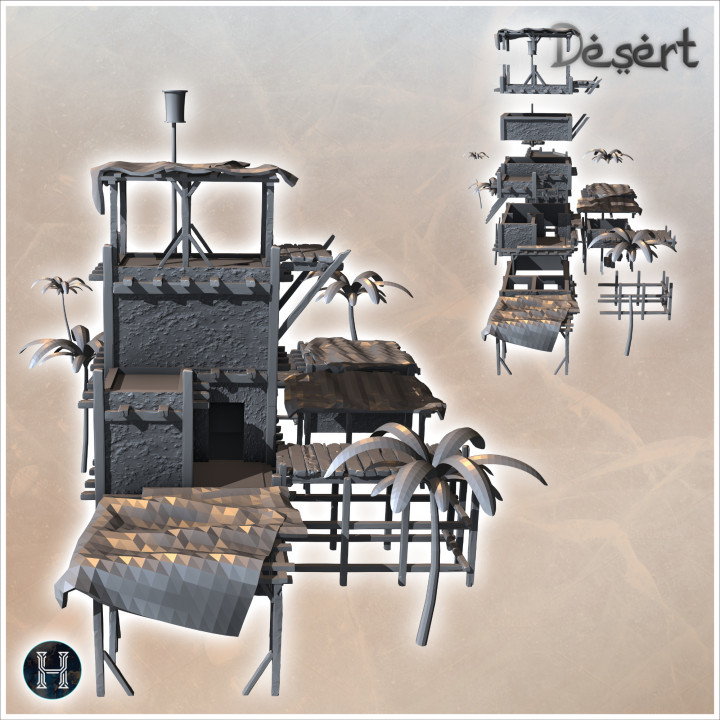 3D Printable Set of fortified Eastern buildings with palm trees ...