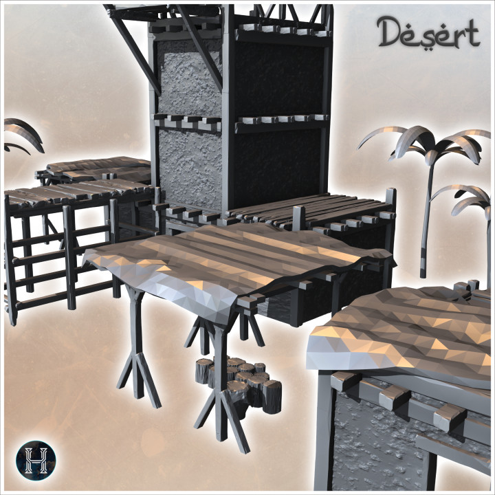 3D Printable Set of fortified Eastern buildings with palm trees ...