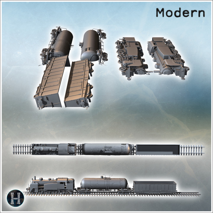 3D Printable Modern railway convoy with locomotive, tanker car, freight ...