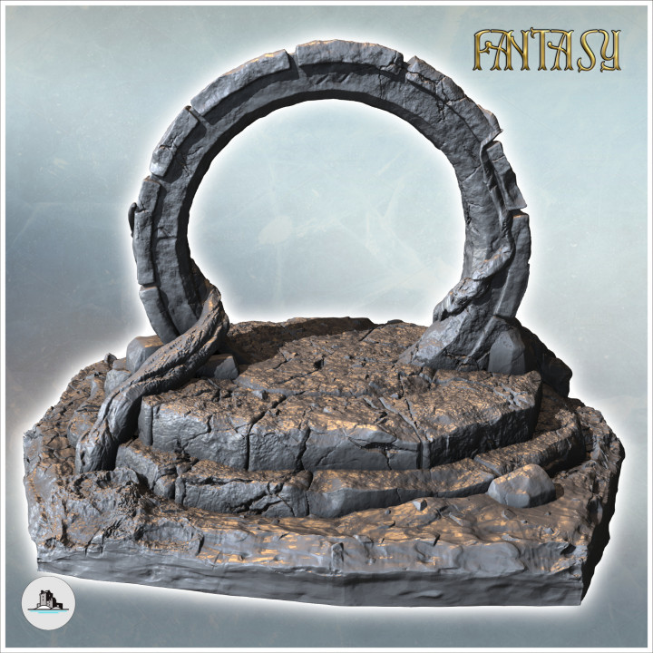 3D Printable Magic stone gate with tree roots on stepped platform (3 ...