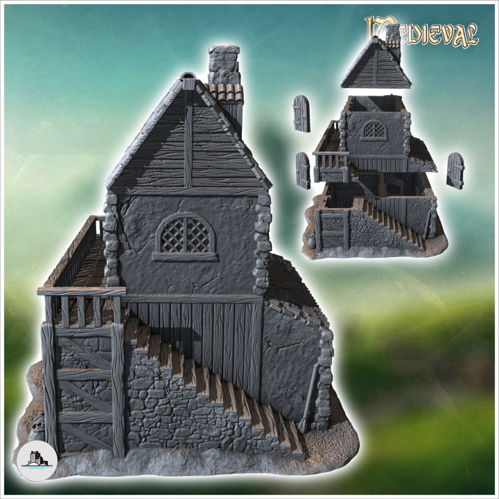 3D Printable Medieval house with large corner stone fireplace, multi ...