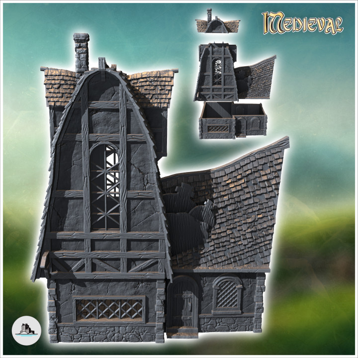 3D Printable Large medieval building with convex double-sloped tile ...