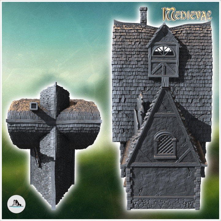 3D Printable Large medieval building with convex double-sloped tile ...